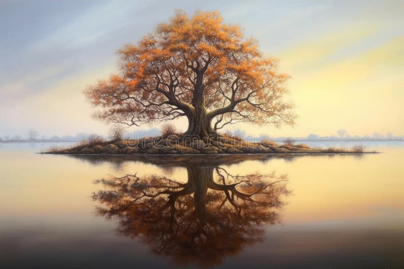 Oak Tree Reflection on Calm Lake Surface Stock Illustration ...