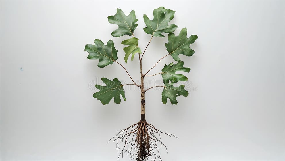 Oak Tree Sapling with Lobed Leaves and Small Root System Centered ...