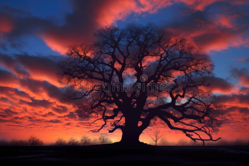 Oak Tree Silhouette Against Sunset Sky Stock Illustration ...