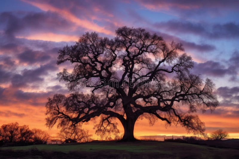 Oak Tree Silhouette Against Sunset Sky Stock Illustration ...