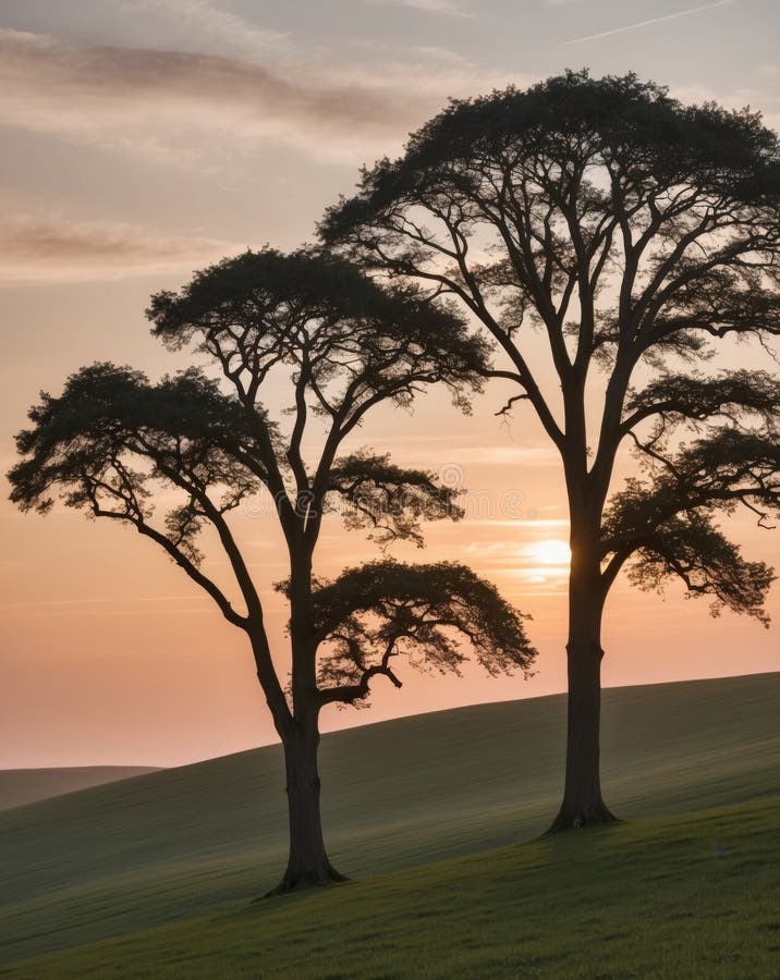 Oak Tree Silhouettes at Sunset on Rolling Countryside Hills. Stock ...