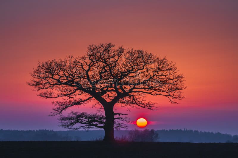 Oak Tree Silhuette with Red Sunset in the Horizon Stock Image - Image ...