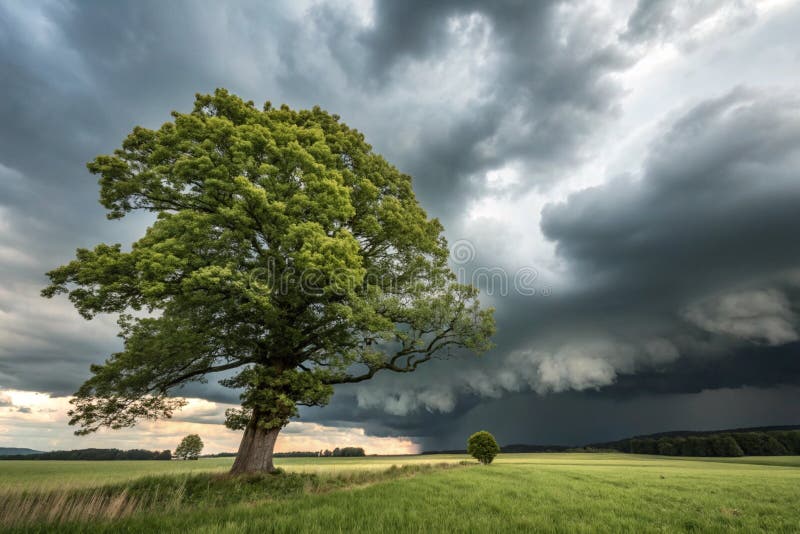 Oak Tree and Storm Clouds stock illustration. Illustration of stormy ...