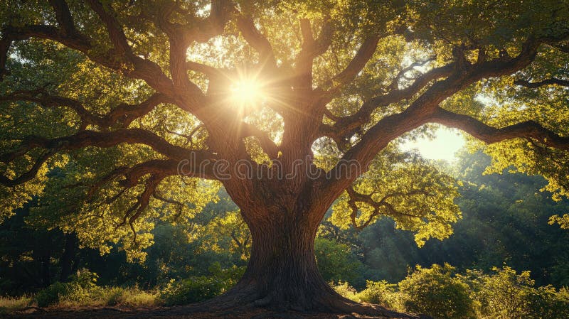 Oak Tree with Sunlight Filtering through Stock Image - Image of scenery ...