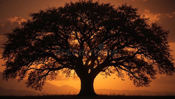 Beautiful Oak Tree Sunset Silhouette Stock Photo - Image of environment ...