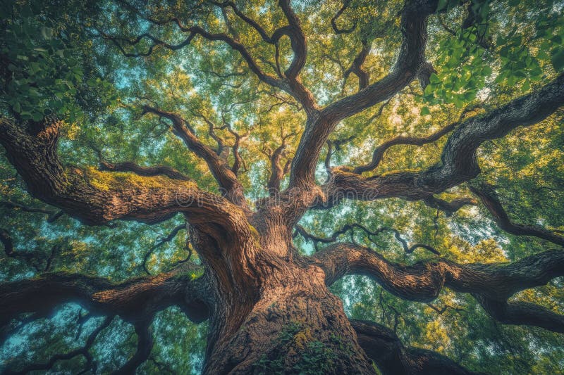 Oak Tree with Twisting Branches and Vibrant Green Leaves Stock Photo ...