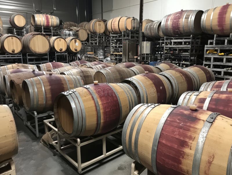 Oak Wine Barrels Aging in Rows Inside a Winery or Distillery Cellar ...