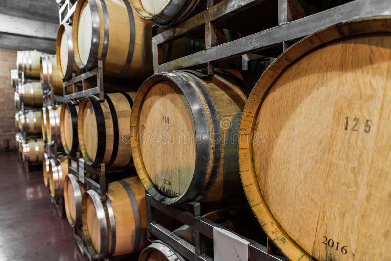 Oak Wine Barrels for Wine Fermentation at a Winery. Stock Image - Image ...