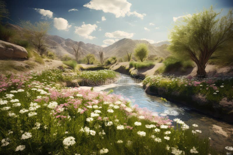 Oasis with Beautiful Spring Surrounded by Blooming Flowers Stock ...
