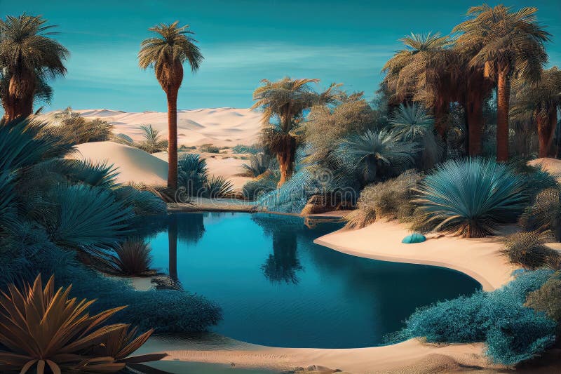 Oasis with Blue Pool and Palm Trees, Surrounded by Dunes Stock ...