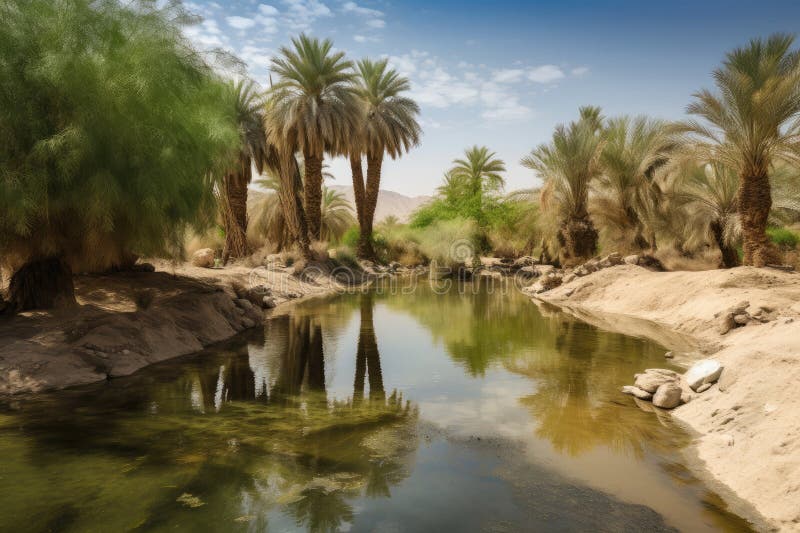 Oasis with Clear Spring and Palm Trees in the Desert Stock Photo ...