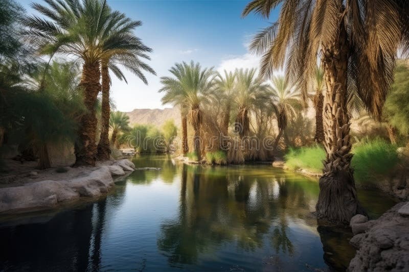 Oasis with Clear Spring and Palm Trees in the Desert Stock Photo ...