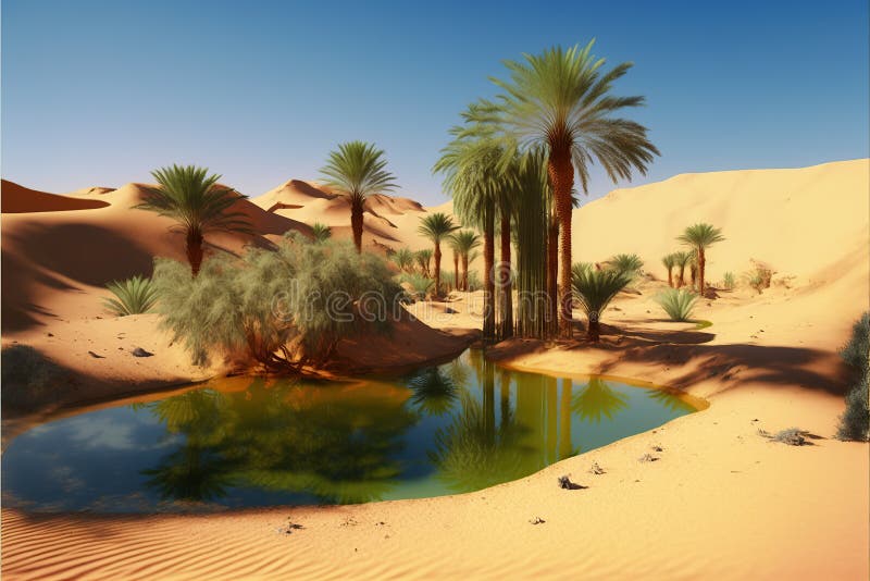 Oasis in the desert stock illustration. Illustration of grass - 267510803