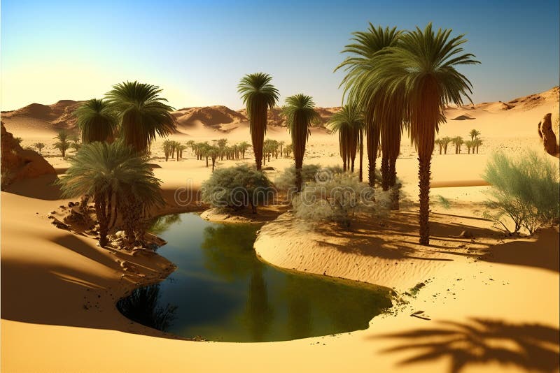 Oasis in the desert stock illustration. Illustration of digitally ...