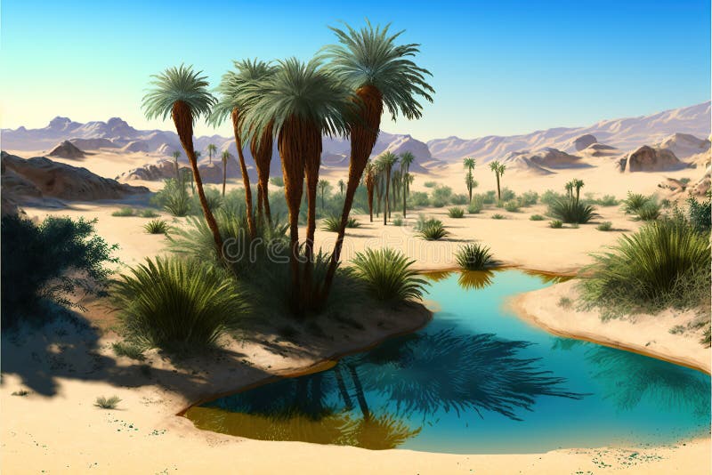 Oasis in the desert stock illustration. Illustration of sand - 267511156