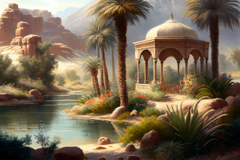 An Oasis in a Desert Landscape with a Beautiful Array of Palm Trees ...