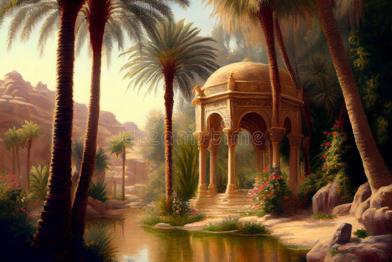 An Oasis in a Desert Landscape with a Beautiful Array of Palm Trees ...