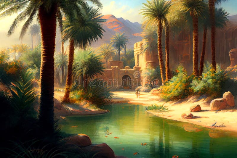 An Oasis in a Desert Landscape with a Beautiful Array of Palm Trees ...