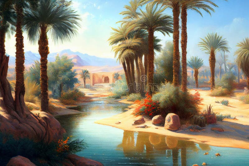 An Oasis in a Desert Landscape with a Beautiful Array of Palm Trees ...