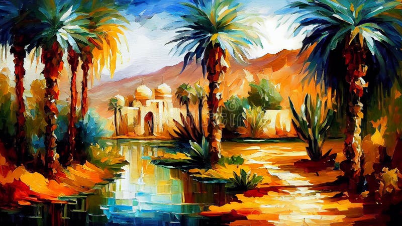 An Oasis in a Desert Landscape with a Beautiful Array of Palm Trees ...