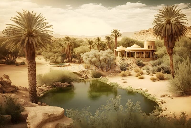 Oasis in the Desert. Neural Network AI Generated Stock Illustration ...