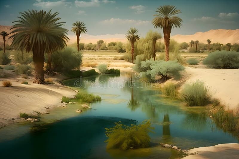 Oasis in the Desert. Neural Network AI Generated Stock Illustration ...