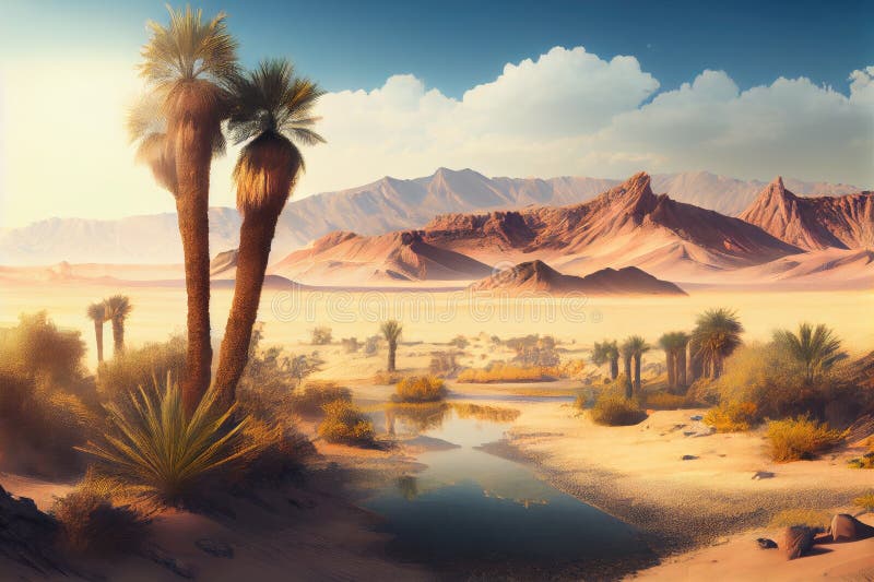 Oasis in Desert with View of Distant Mountains, Showcasing the Contrast ...