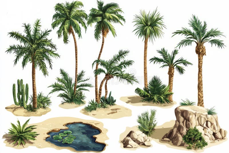 Oasis Elements, Featuring Palm Trees, Small Ponds, and Desert Flora ...