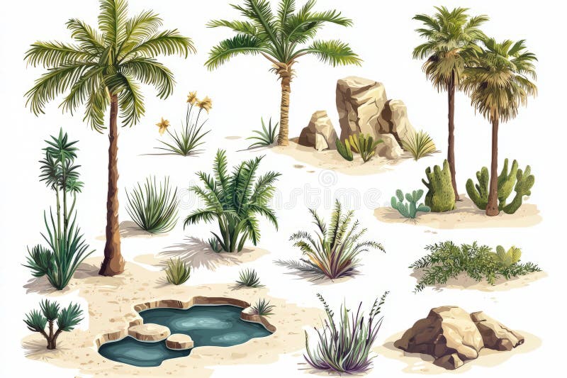 Oasis Elements, Featuring Palm Trees, Small Ponds, and Desert Flora ...