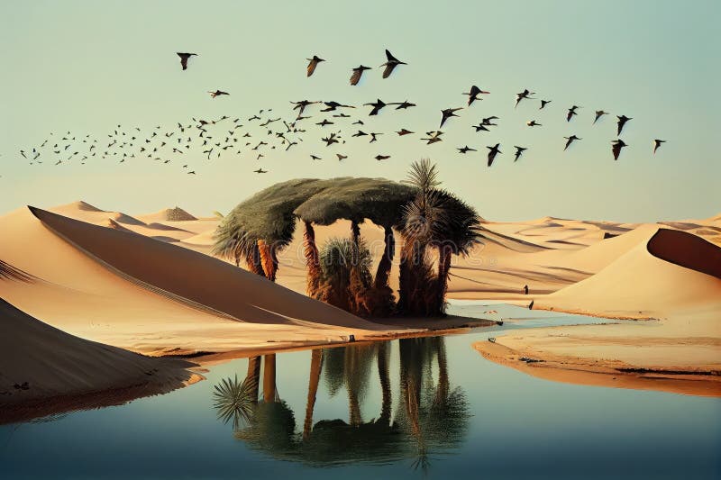 Oasis with Flock of Birds, Flying Overhead Stock Illustration ...