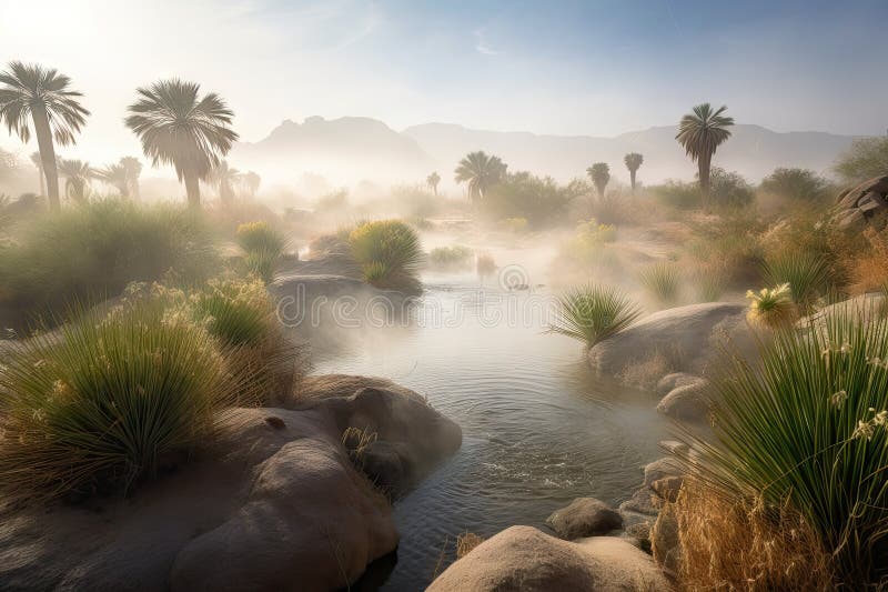 Oasis with Misty Spring Surrounded by Hot Desert Landscape Stock ...