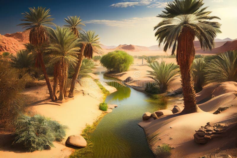 Oasis with Palm Trees and Babbling Stream in the Middle of Endless ...