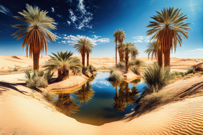 Oasis with Palm Trees, Blue Sky and Clear Water in the Middle of the ...