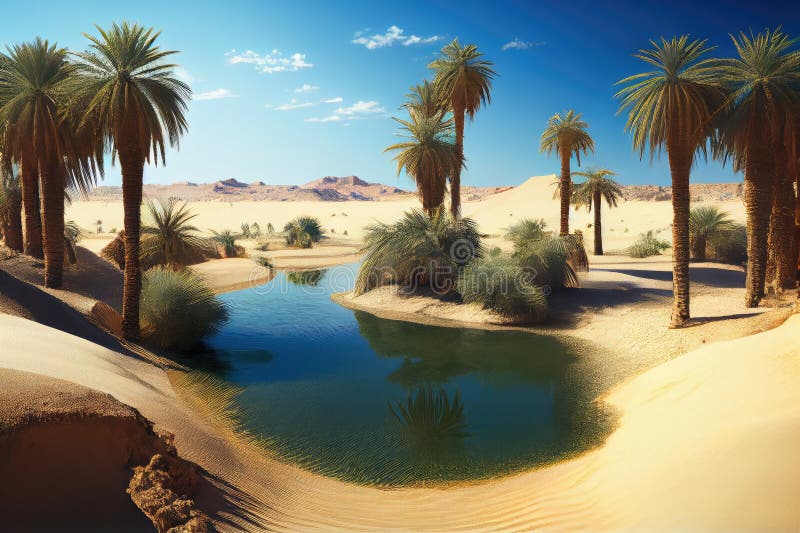 Oasis with Palm Trees, Blue Sky and Clear Water in the Middle of the ...