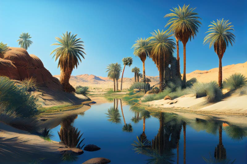 Oasis with Palm Trees and Clear Blue Sky, Surrounded by Desert Stock ... Oasis with Palm Trees and Clear Blue Sky, Surrounded by Desert Stock ...