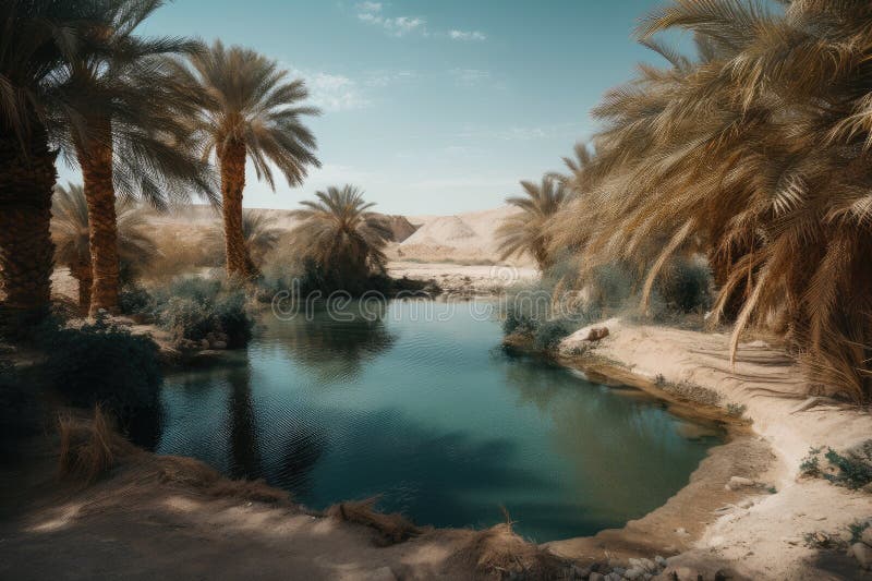 Oasis with Palm Trees and Clear Blue Water Surrounded by Desert ...