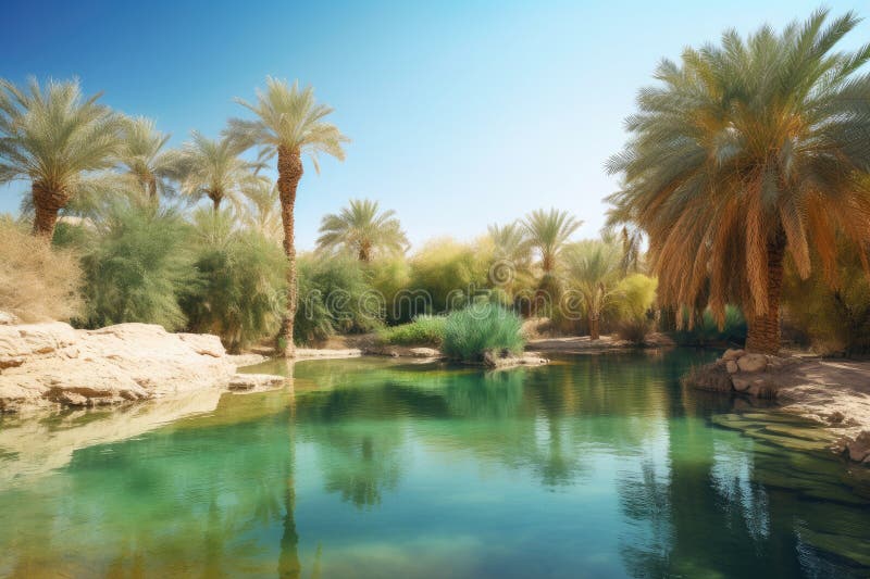 Oasis with Palm Trees and Crystal Clear Water Surrounded by Desert ...