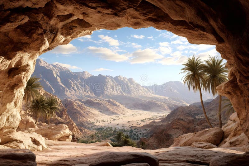 Desert Landscape Viewed from Inside a Cave Opening Stock Illustration ...