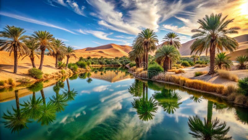 Oasis Reflection Palm Trees, Desert Sands, Calm Water, Sunset Stock ...