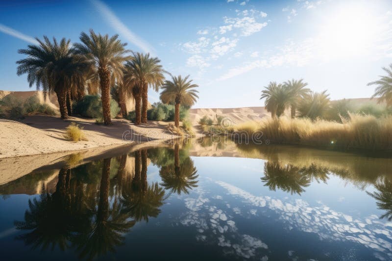 Oasis with Reflection of the Sun and Blue Sky in Desert Stock Photo ...