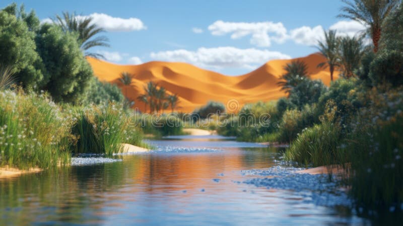 Oasis River Flows through Desert Landscape Stock Illustration ...