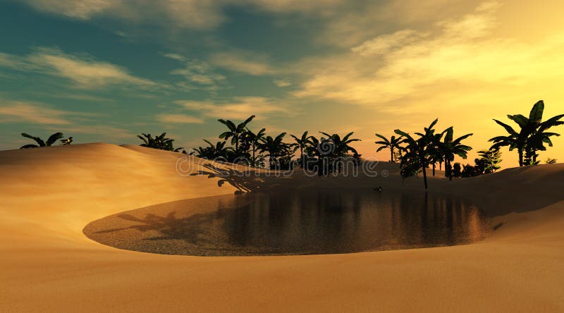 Oasis in the sandy desert stock illustration. Illustration of bush ...