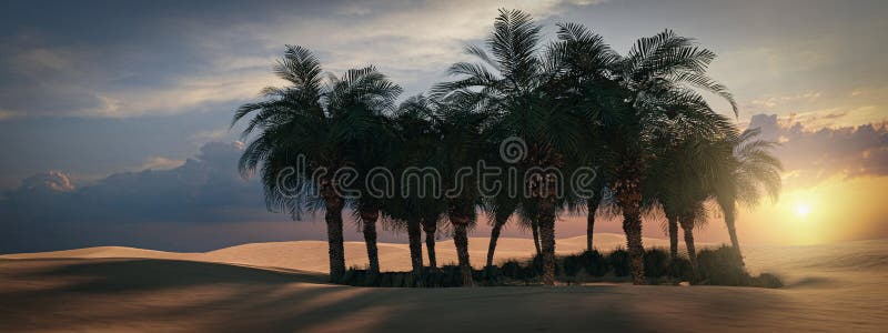 Oasis. Sandy Desert. Palm Trees Over the Water Stock Illustration ...