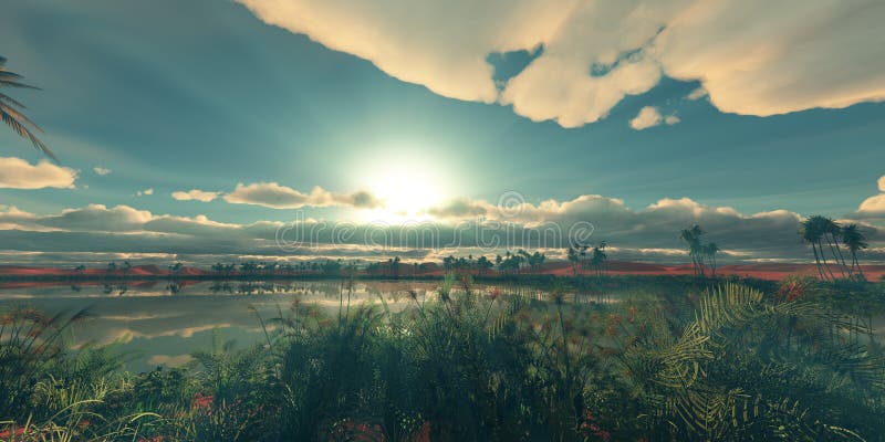 Oasis Sunset Landscape Background Illustration Stock Illustration ...
