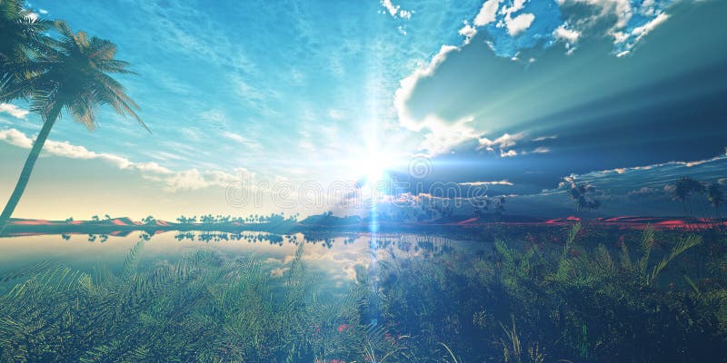 Oasis Sunset Landscape Background Illustration Stock Illustration ...