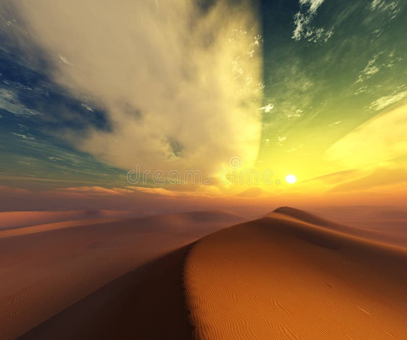 Oasis at Sunset in a Sandy Desert Stock Illustration - Illustration of ...