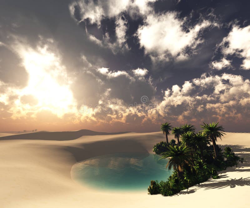 Oasis at Sunset in a Sandy Desert Stock Illustration - Illustration of ...
