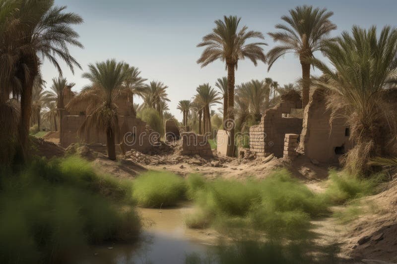 Oasis Surrounded by Crumbling Ruins of Lost Civilization Stock ...
