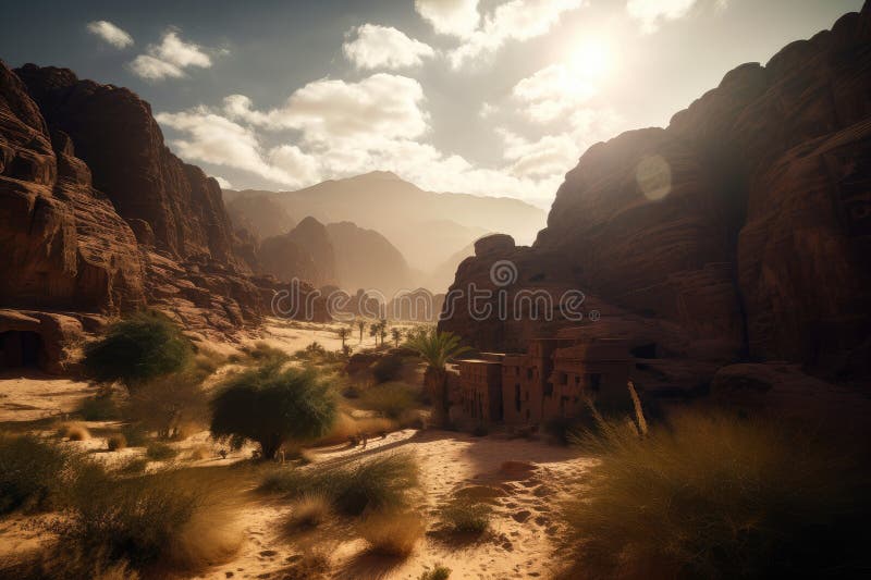 Oasis Surrounded by Towering Desert Cliffs, with the Sun Shining ...
