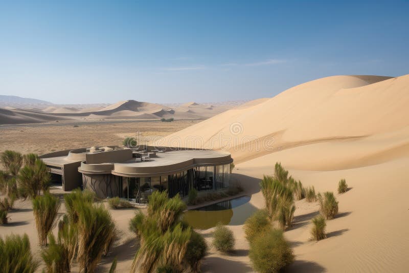 Oasis Surrounded by Towering Dunes and Desert Landscape Stock ...